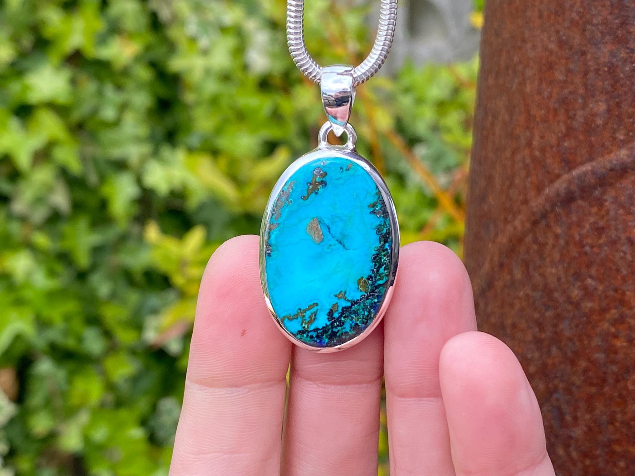 Bluebird Azurite Chrysocolla Pendant in 925 Sterling Silver - Handmade ...