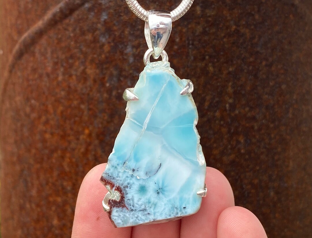 Larimar Slice / Slab Pendant in 925 Sterling Silver - Handmade 28x56mm ...