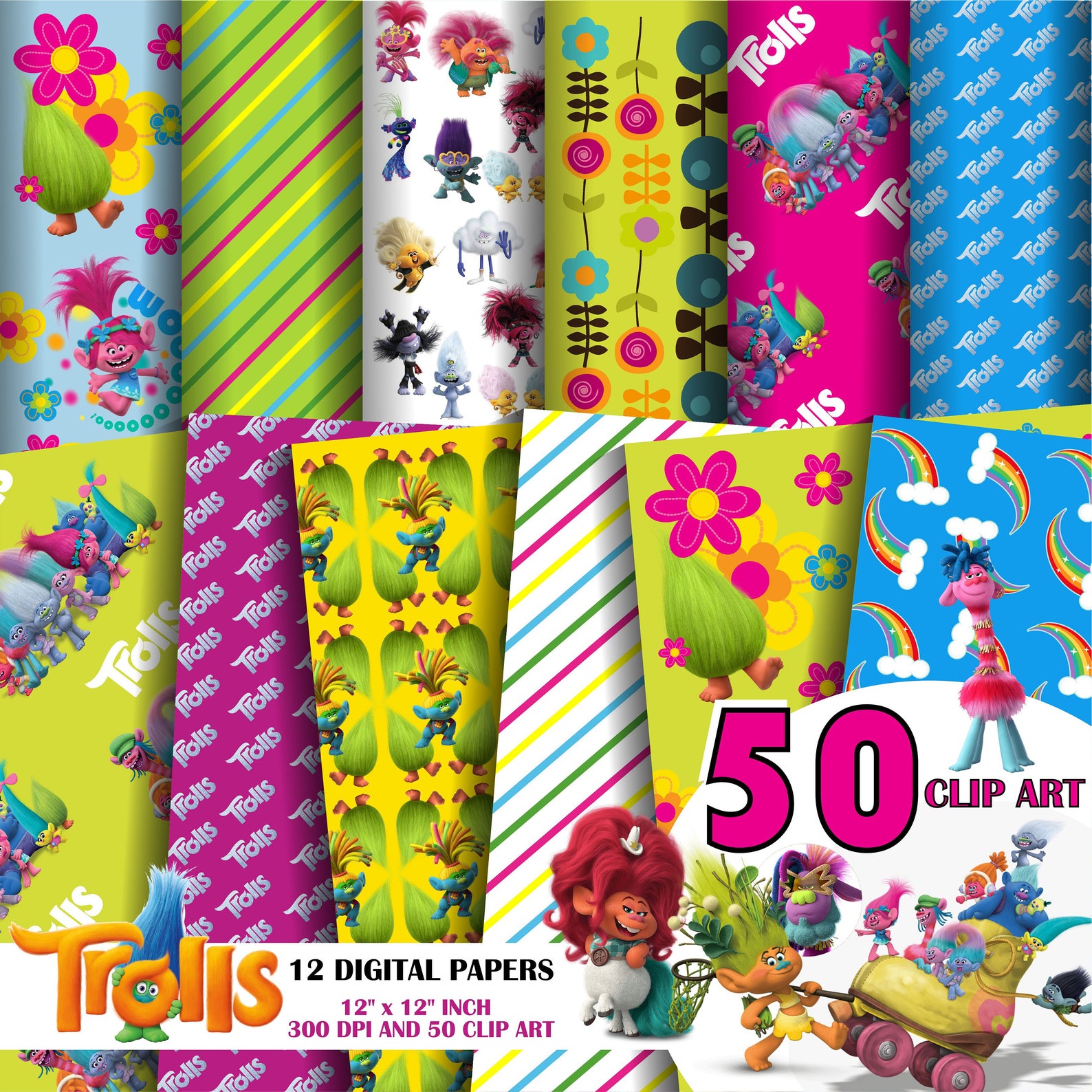 Trolls Inspired Digital Paper Set - Rainbow Trolls Set - Instant ...