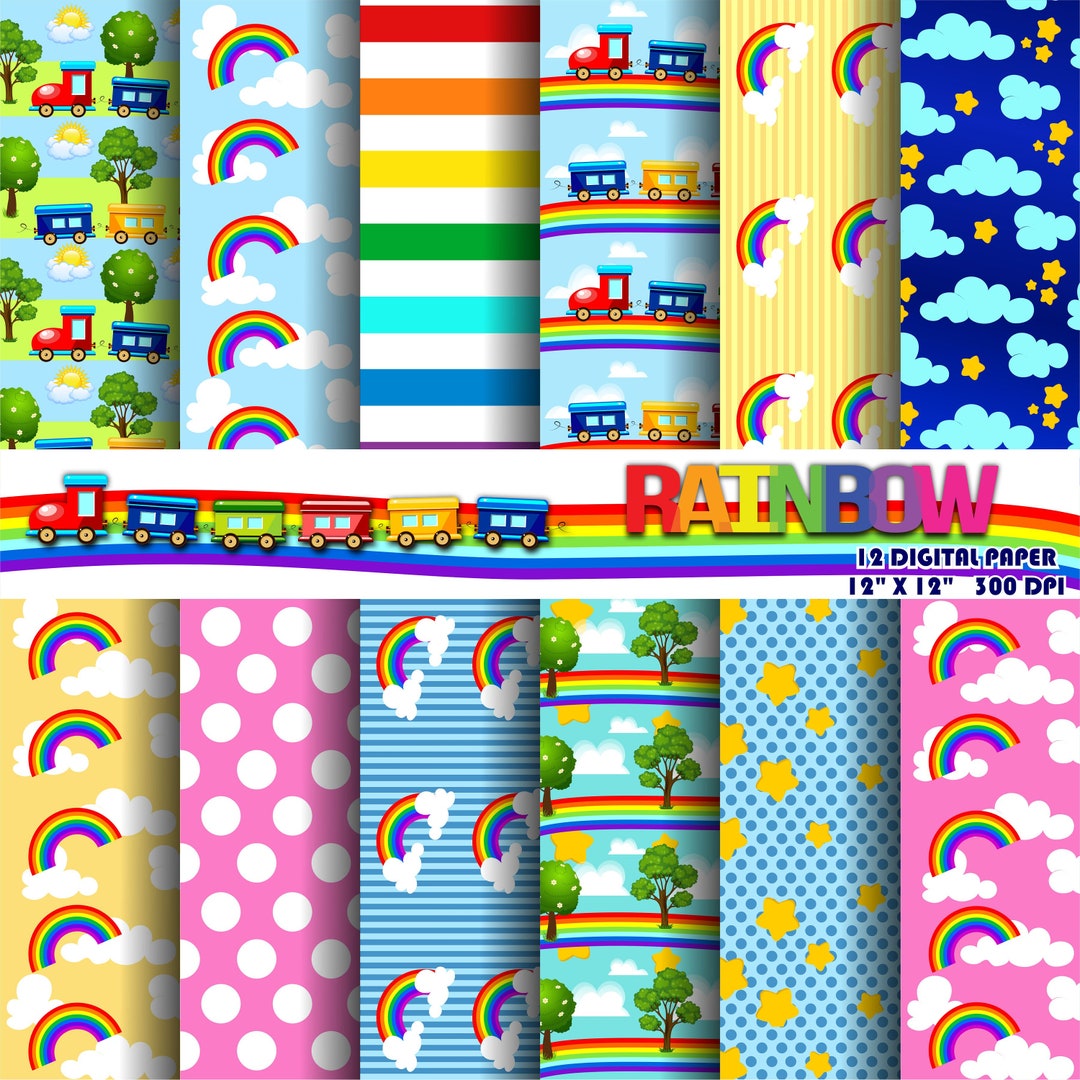Rainbow Digital Paper, Bright Bold Colour Papers, Scrapbook. Pattern ...