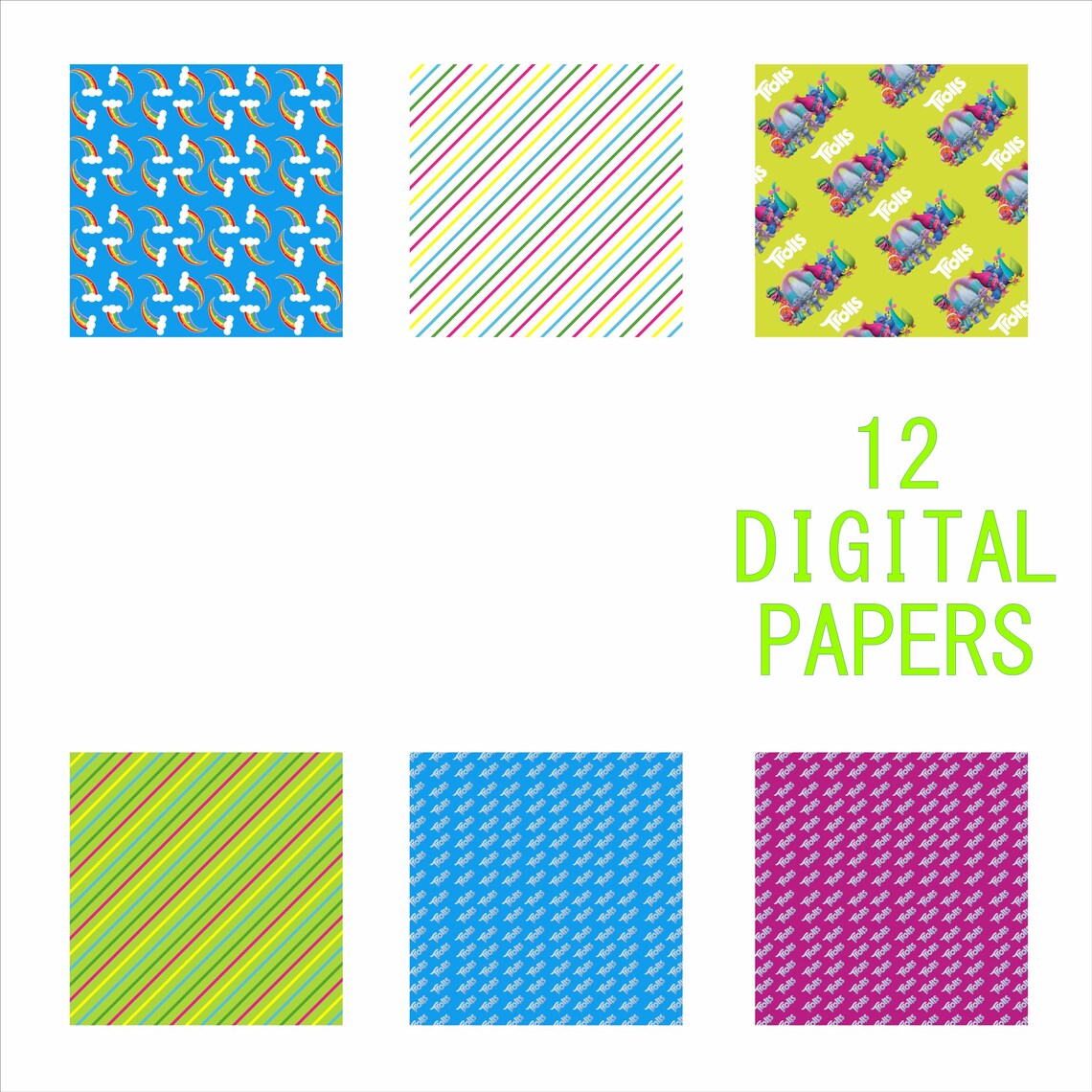 Trolls Inspired Digital Paper Set - Rainbow Trolls Set - Instant ...