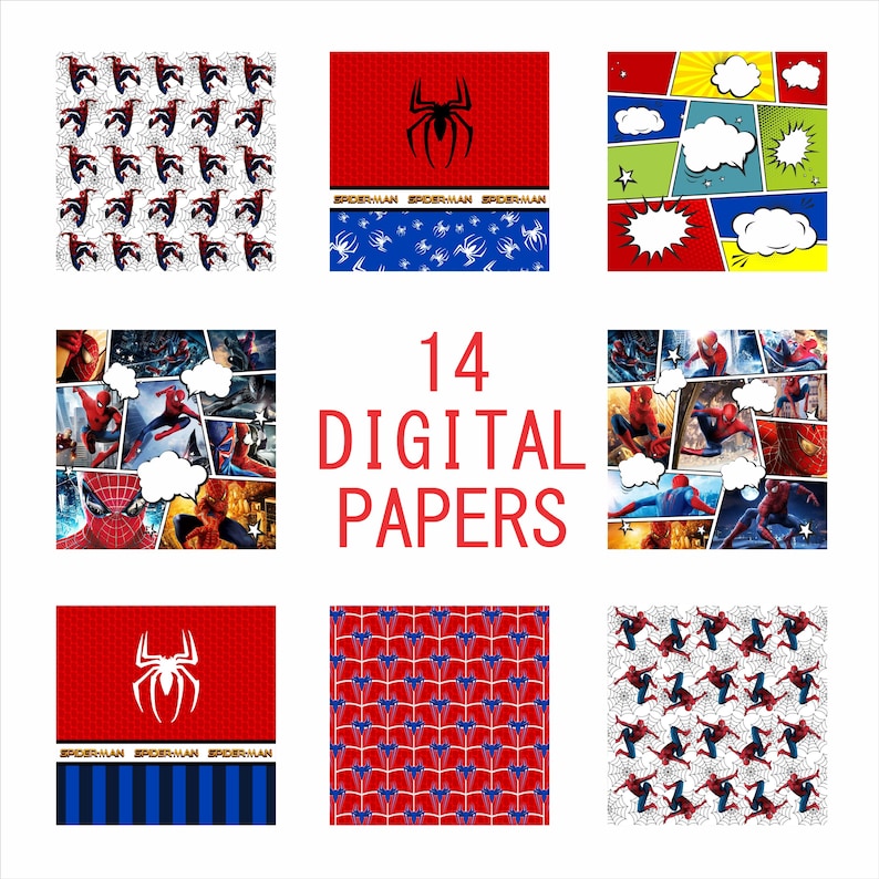 Spiderman Digital Paper Pack: Superhero Scrapbook, 50 Clip Art (digital ...