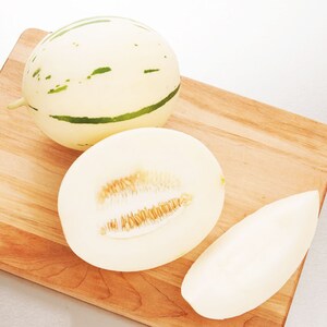 Honeydew Melon, Snow Leopard, White With Green Stripes Variegated Garden Eating Melon, Cucumis ...
