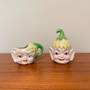 Vintage Ceramic Pixie Elf Heads / Creamer Dish and Sugar Bowl Set of 2 ...
