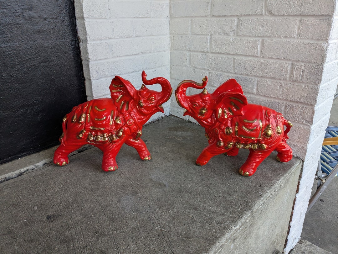 Vintage Chinese Lunar New Year Red Ceramic Elephant Statue Pair / Free ...