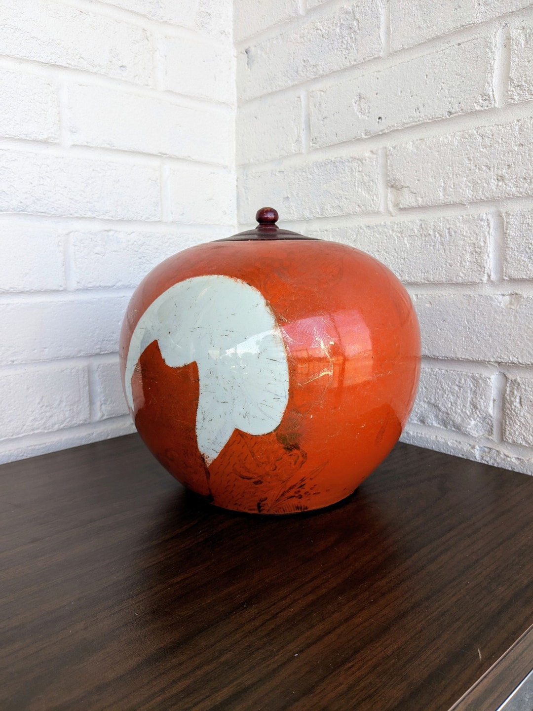 Vintage Orange and White Porcelain Japanese Ginger Jar / Free US ...