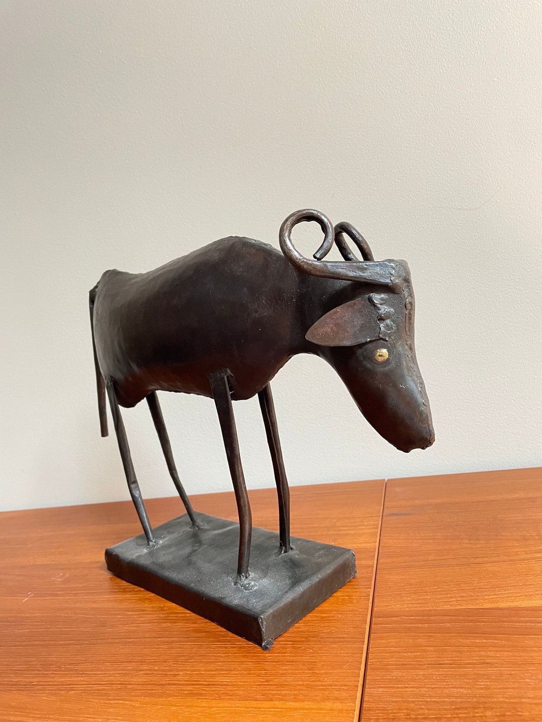 Vintage Folk Art Metal Cow Sculpture / Brutalist Style / Mid Mod Decor ...