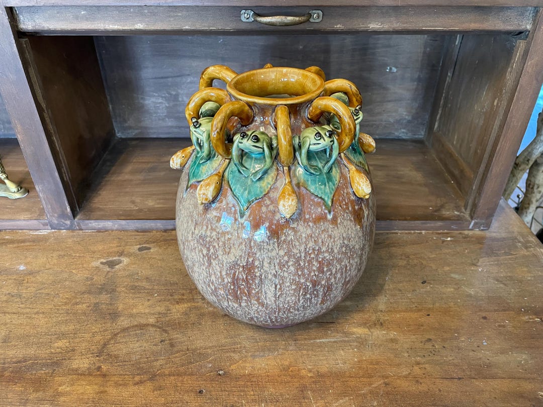 Vintage Majolica Planter Vase With Frogs and Lily Pads / Glazed Pottery ...