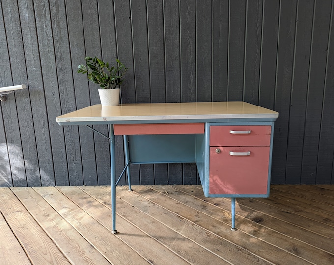 Mid Century Blue and Pink Tanker Desk / Atomic / Teachers Desk / Free ...