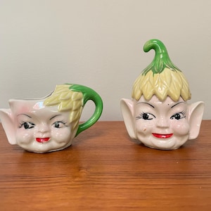 Vintage Ceramic Pixie Elf Heads / Creamer Dish and Sugar Bowl Set of 2 ...