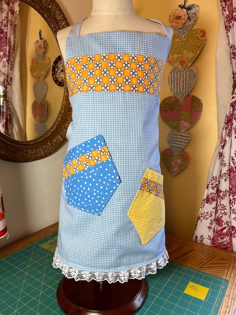 Child Apron Handmade Reversible Child's Apron Blue Gingham With Vintage ...