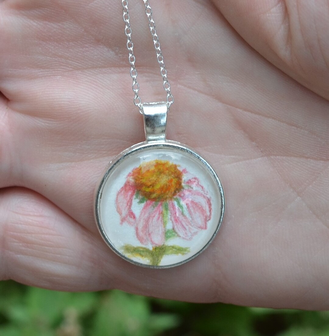 Miniature Wild Flower Watercolor Hand-painted Bezel Pendant Necklace ...