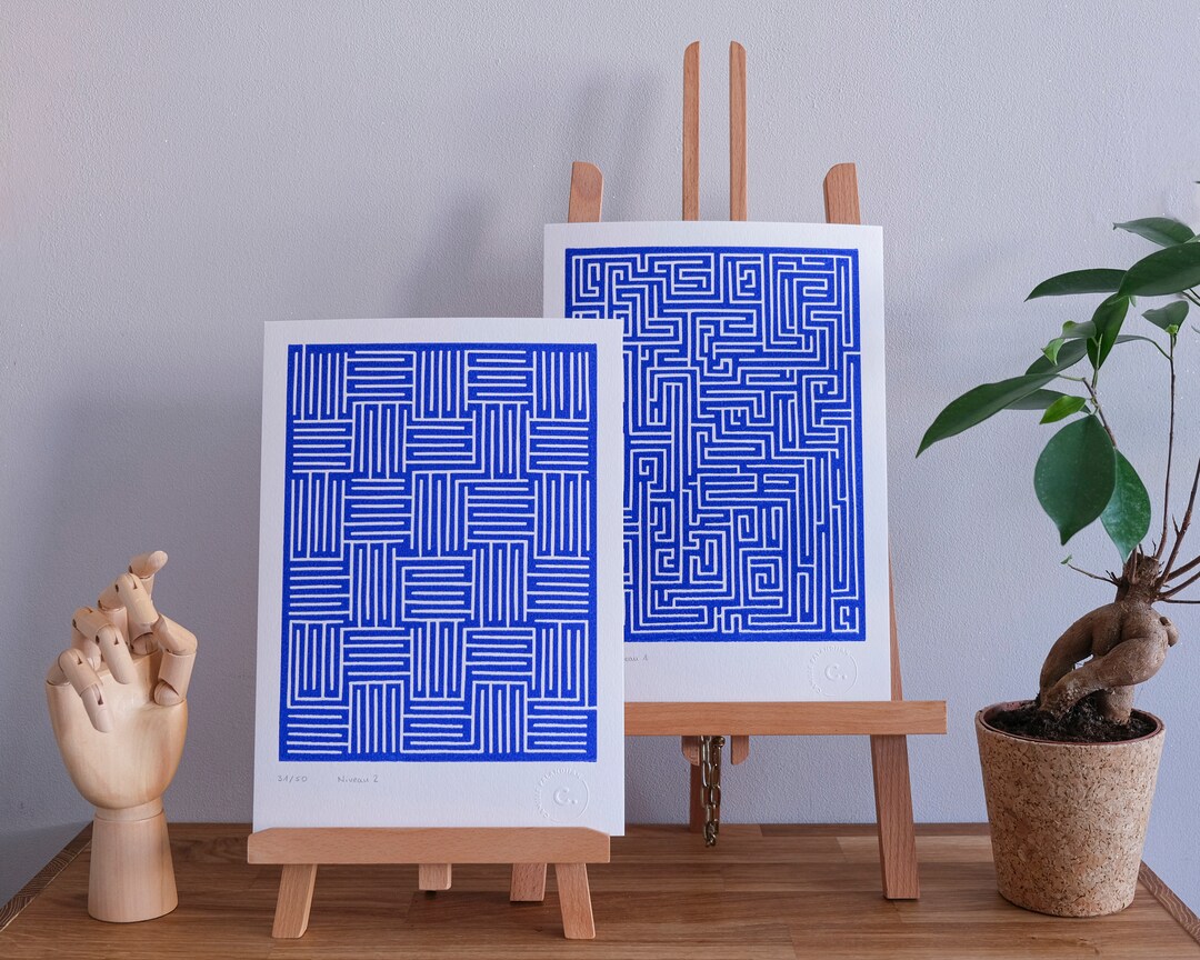 Set of 2 Wall Posters, Original Linocut, Ultramarine Blue Illustration ...