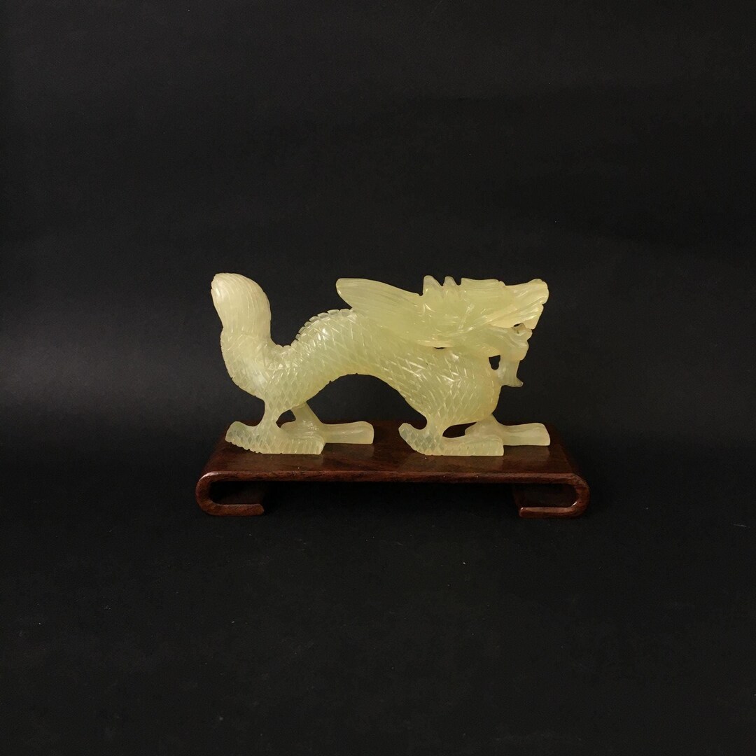 Elegant Green Jade Dragon Figurine With Wooden Stand - Etsy