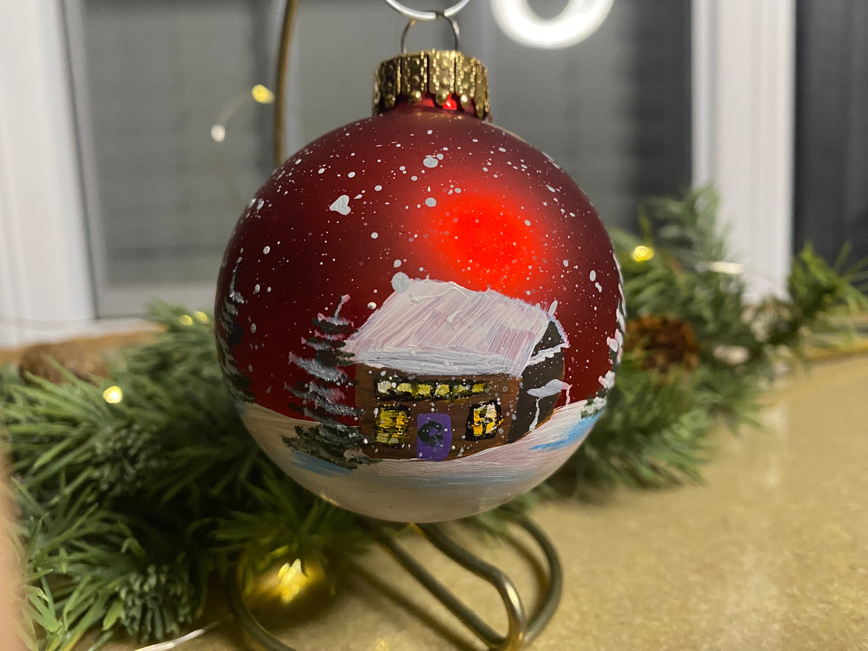 Red Frosted Glass Cabin in the Forest Christmas Ornament - Etsy