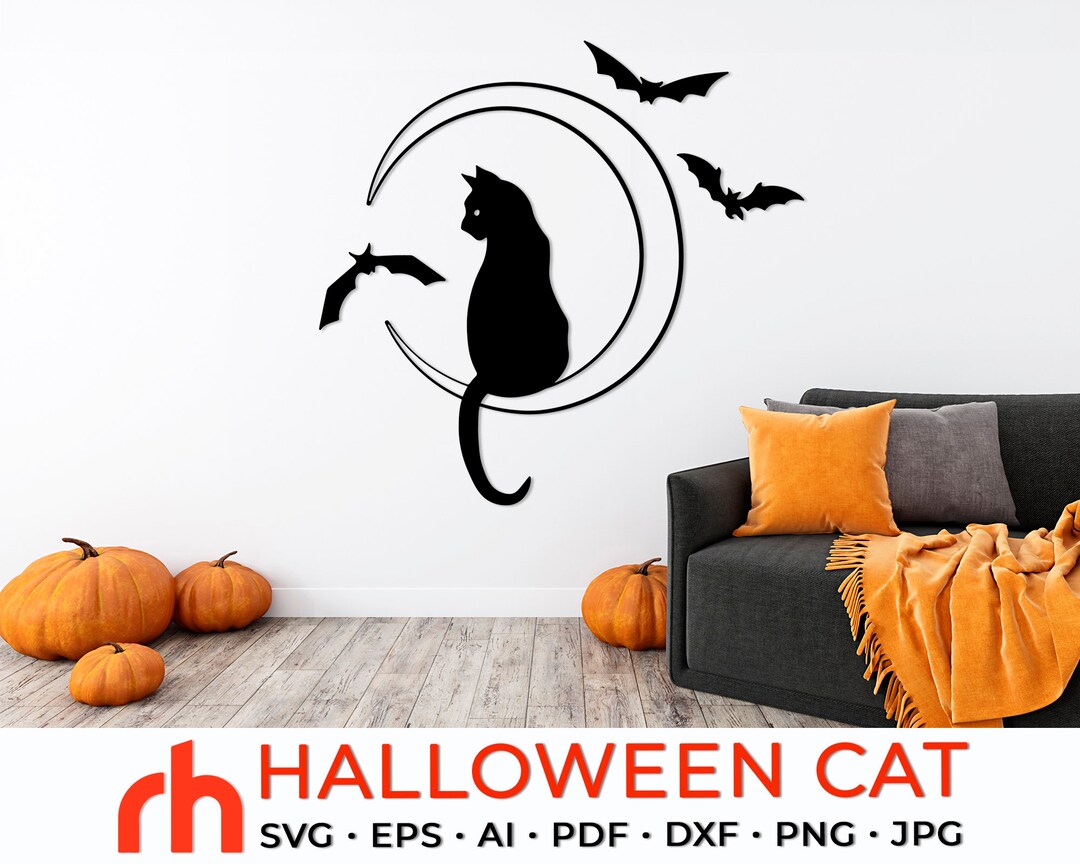 Halloween Moon SVG, Scary Cat Cut File, Cat and Bats DXF, Halloween ...