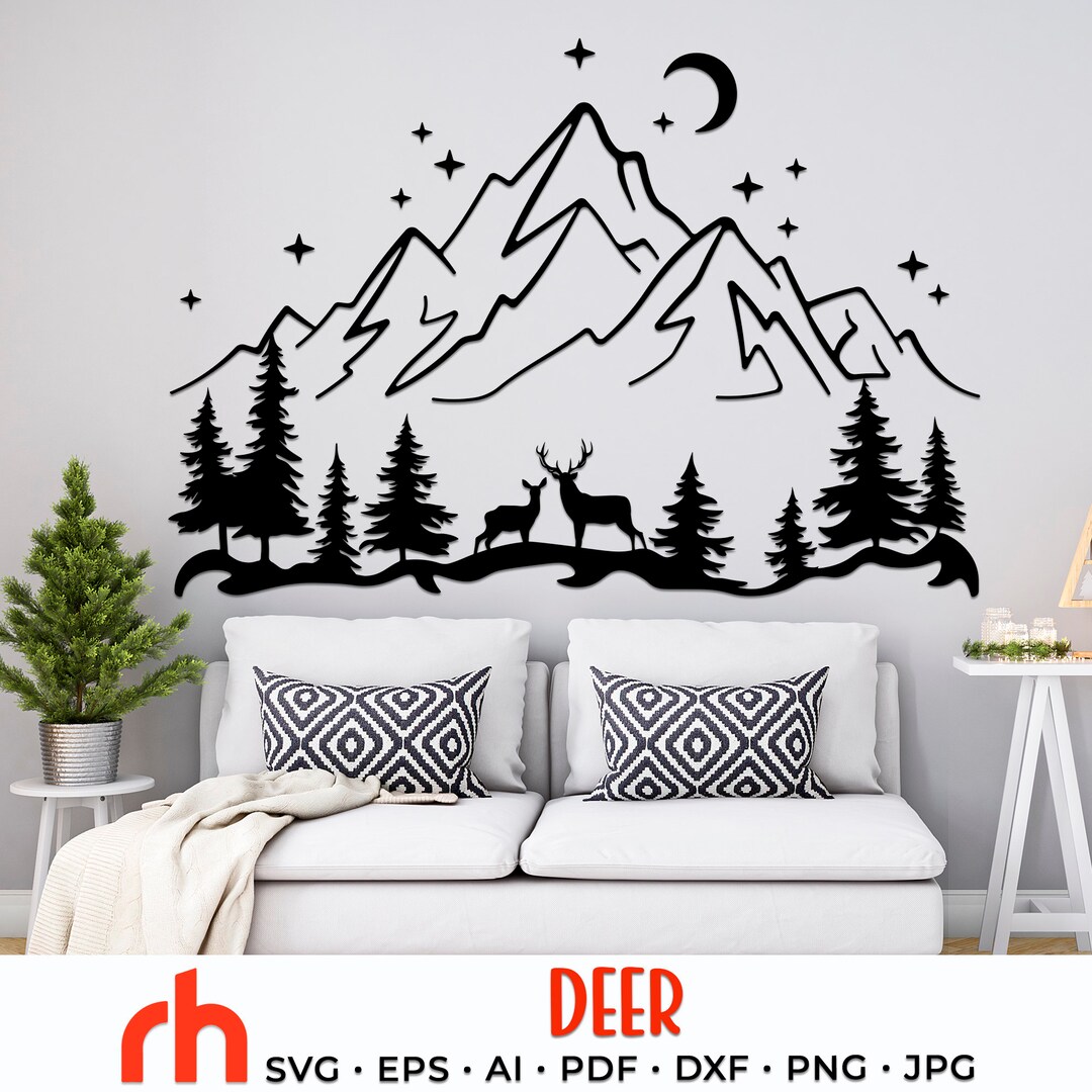 Forest Deer SVG, Woodland Scene Cut File, Deer and Mountains DXF, Night ...