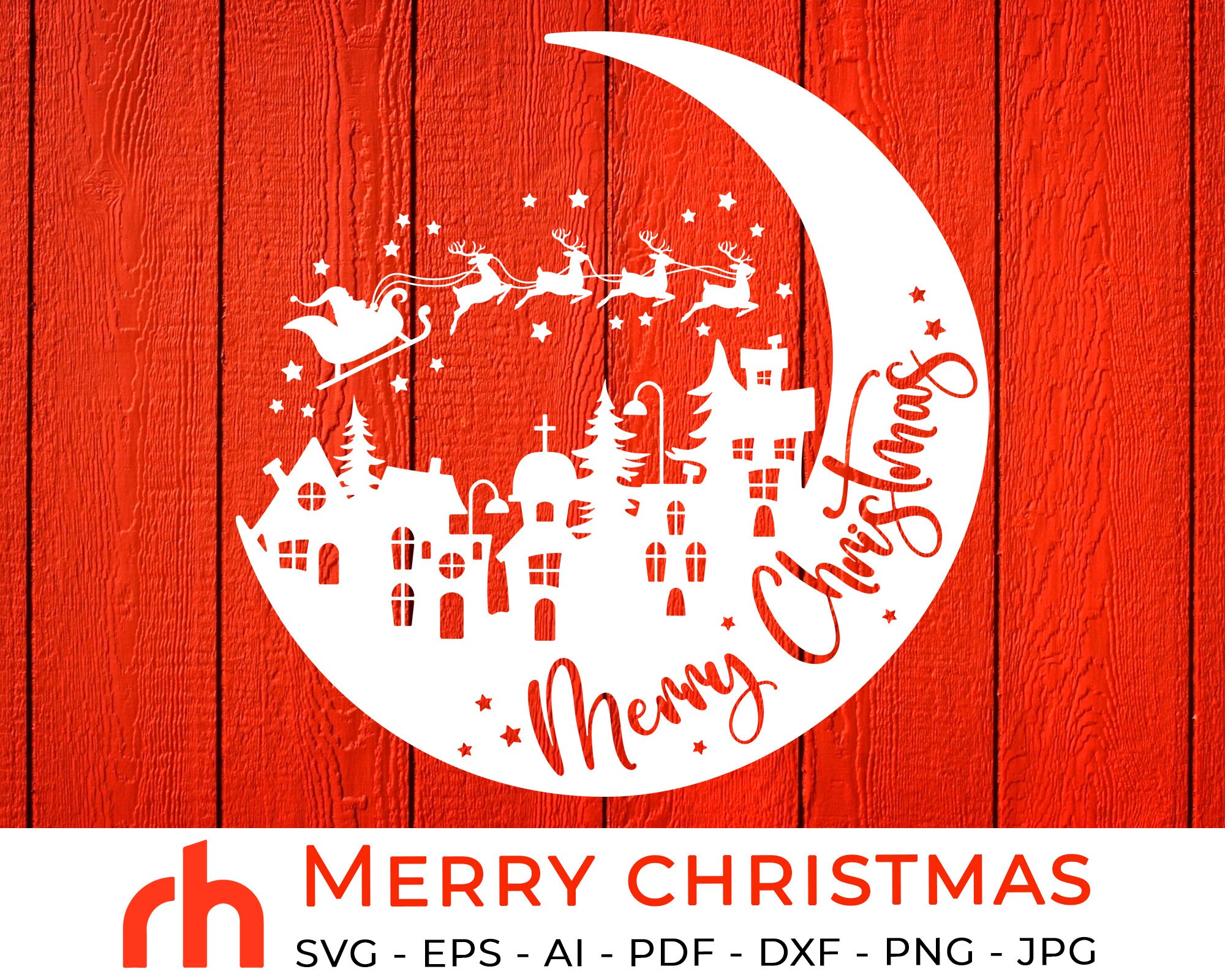 Merry Christmas SVG, Xmas Village Cut File, Moon Scene Vector, Snowy ...