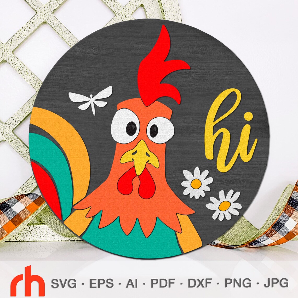 Rooster Hi SVG, Layered Farm Door Sign Cut File, Farmhouse Round Hanger ...