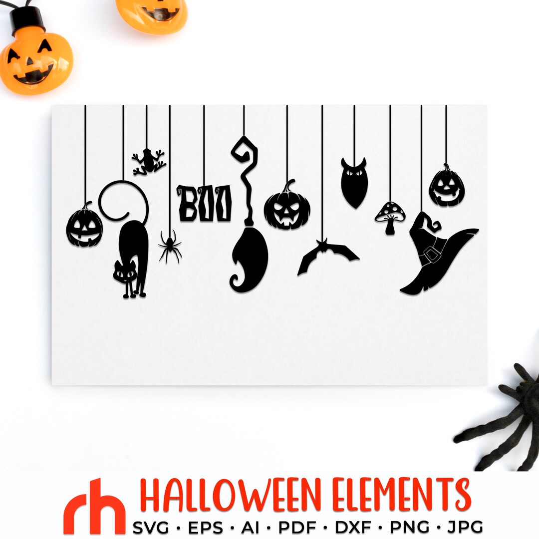 Halloween Elements SVG, Pumpkin Cut File, Witch Broom DXF, Witch Hat ...