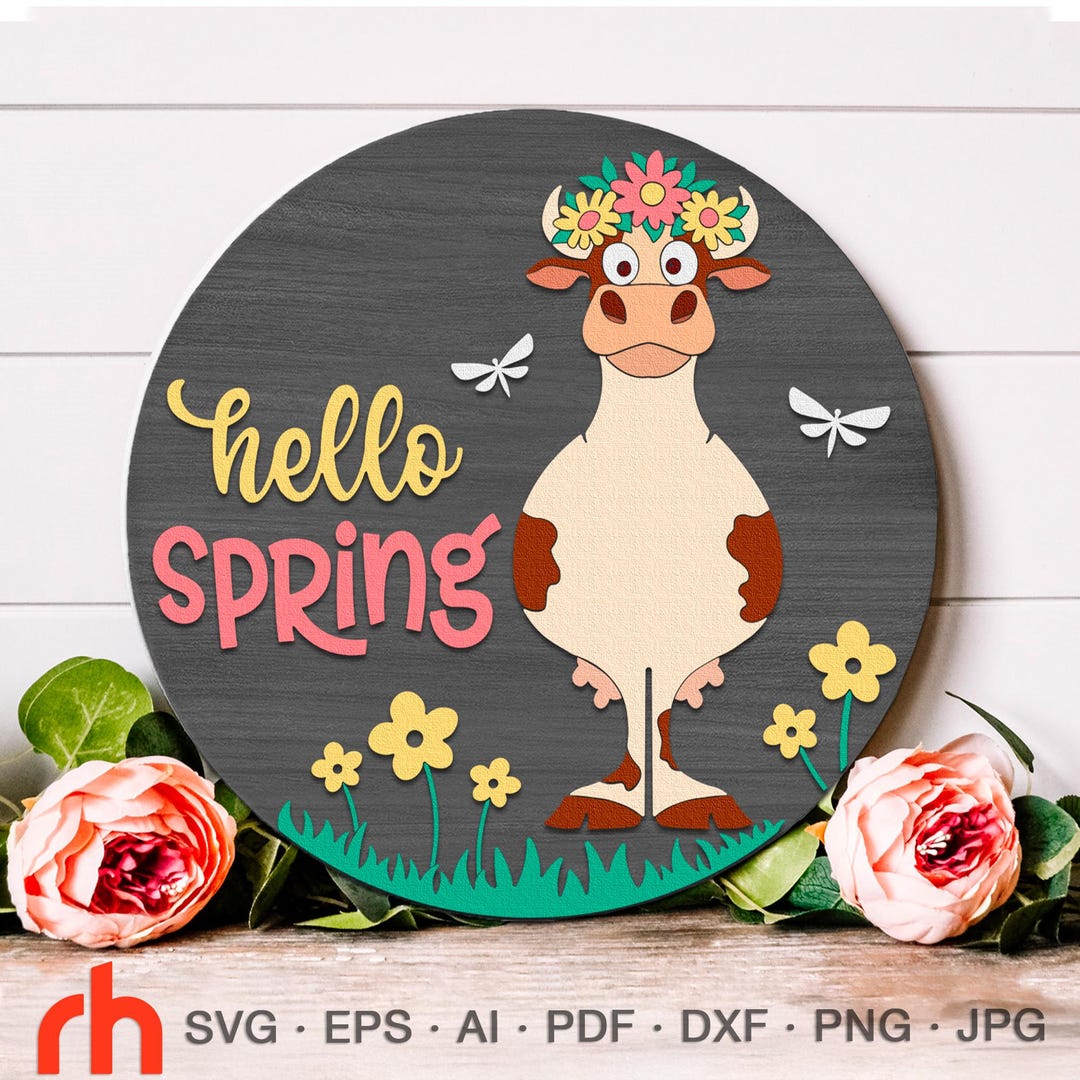 Hello Spring SVG, Layered Door Sign Cut File, Spring Round Hanger With ...
