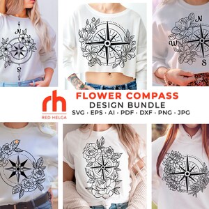 Compass With Flowers SVG Bundle, Floral Compass Vector, Wildflower ...