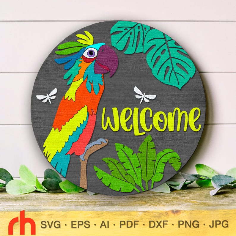 Parrot Welcome SVG, Layered Door Sign Cut File, Tropic Round Hanger ...