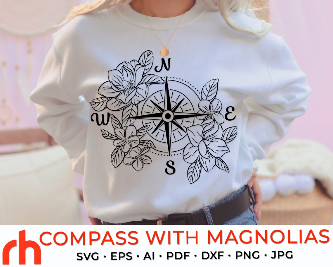 Compass With Magnolias SVG Floral Compass Vector Flower - Etsy