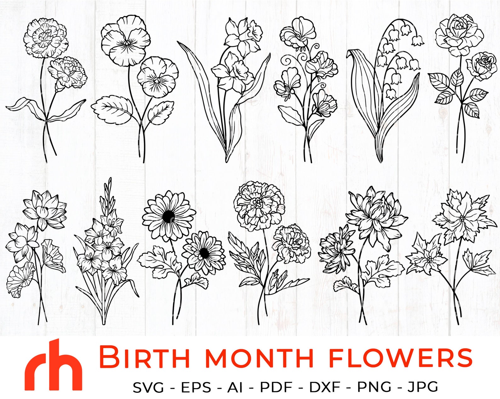 Birth month flowers svg bundle Birthday flowers silhouette | Etsy
