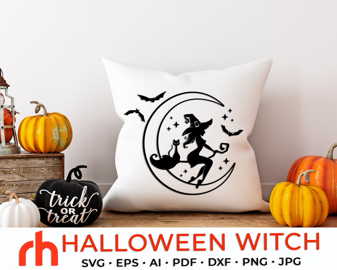 Halloween Moon SVG, Witch and Moon Cut File, Cat and Witch on Broom DXF ...