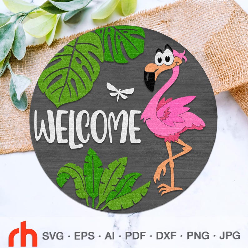 Welcome SVG, Layered Door Sign Cut File, Summer Round Hanger DXF, Cute ...