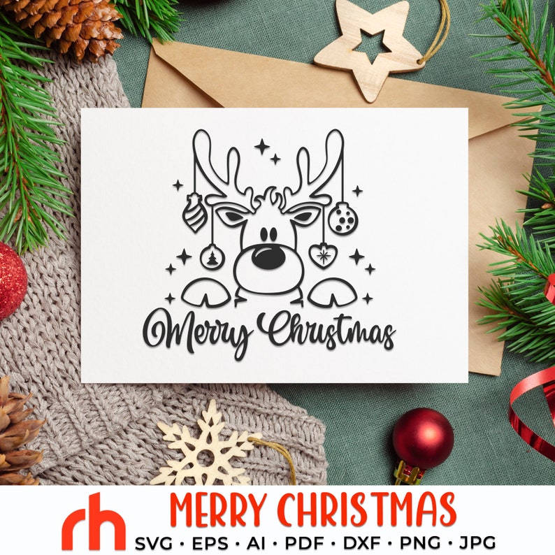 Merry Christmas SVG, Reindeer With Baubles DXF, Christmas Scene Cut ...