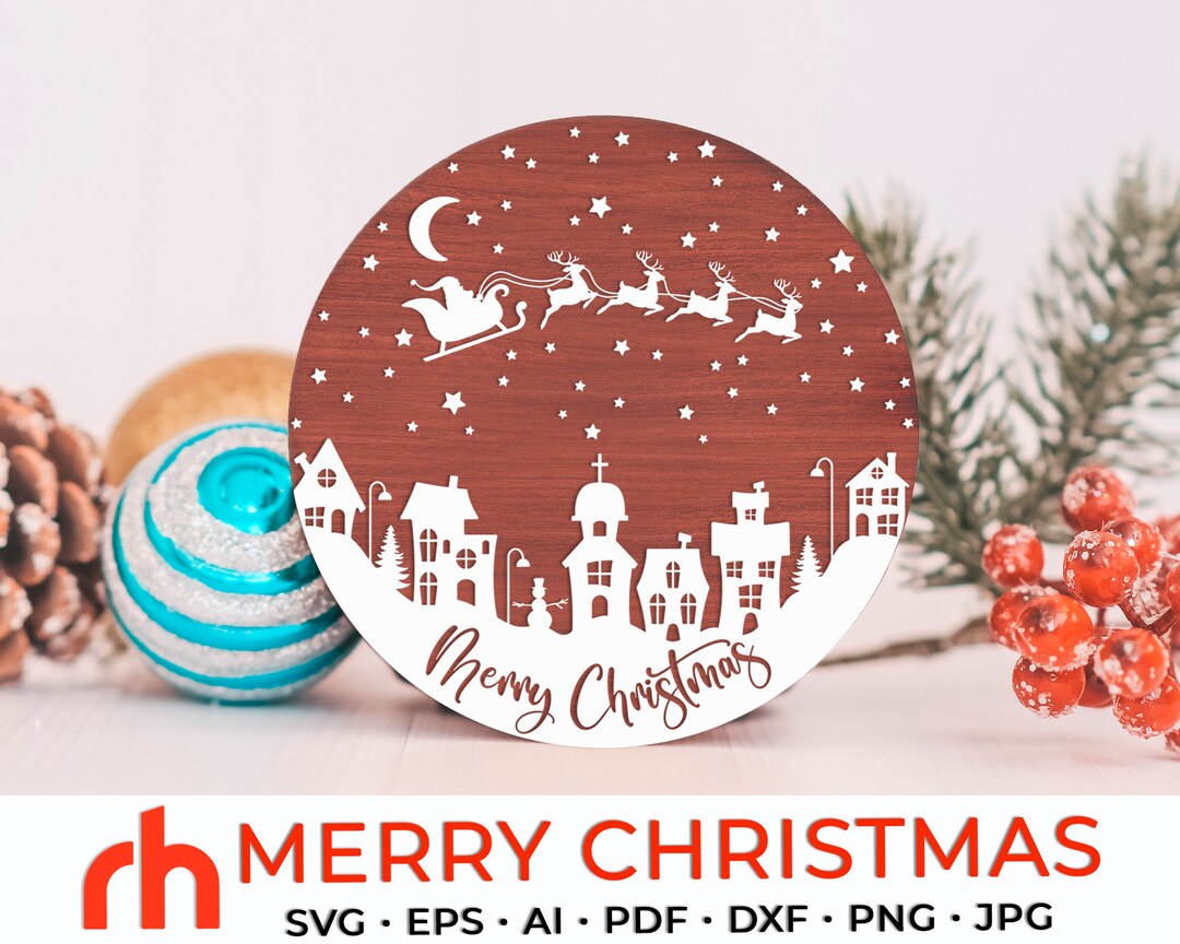 Merry Christmas SVG Snowy Village Cut File Xmas Hanger DXF - Etsy