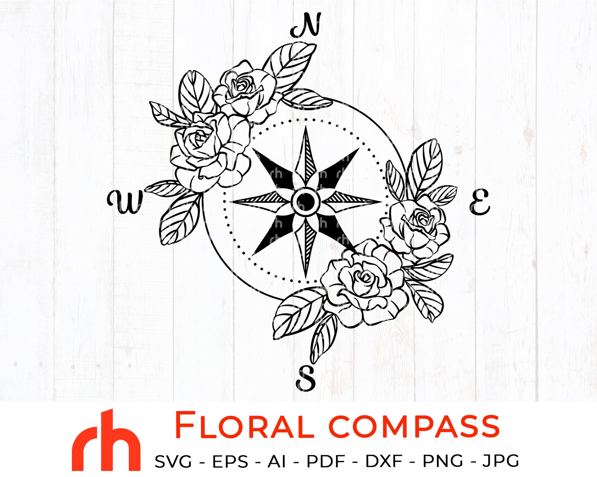 Compass with roses svg Flower compass svg Floral compass | Etsy
