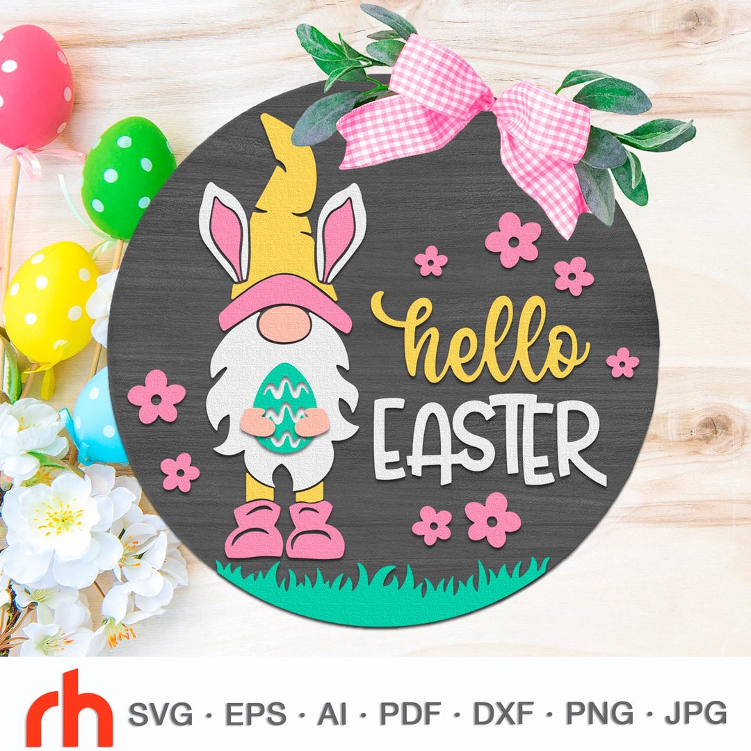 Hello Easter SVG, Layered Door Sign Cut File, Easter Round Hanger DXF ...