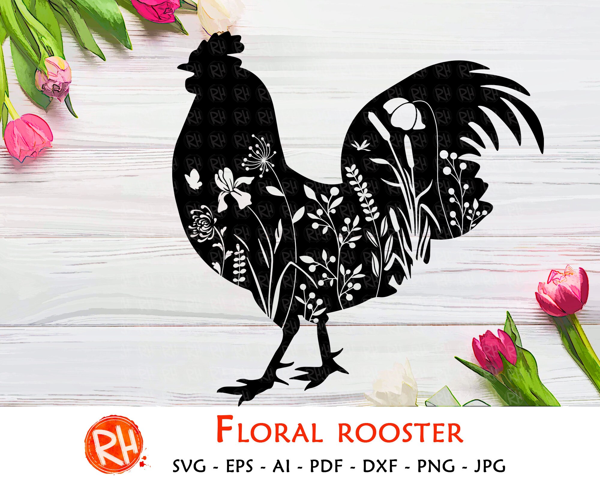 Floral rooster silhouette Flower rooster svg Farm life svg | Etsy