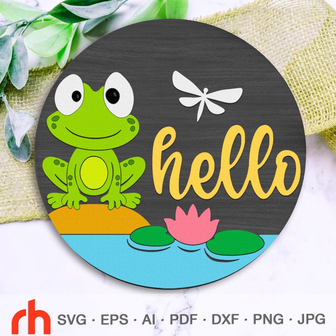Frog Hello SVG, Layered Door Sign Cut File, Countryside Round Hanger ...