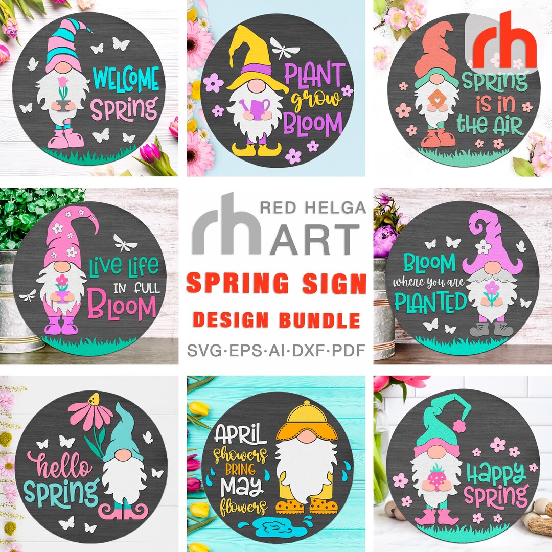 Spring Gnome Sign SVG Bundle, Garden Door Sign Cut File, Layered Spring ...