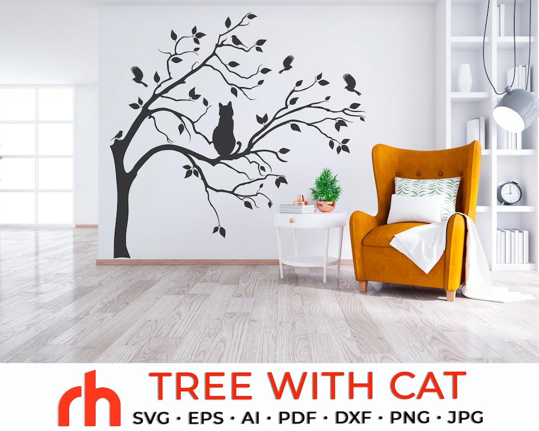 Tree With Cat SVG, Branch Cut File, Tree Silhouette, Wall Decor DXF ...