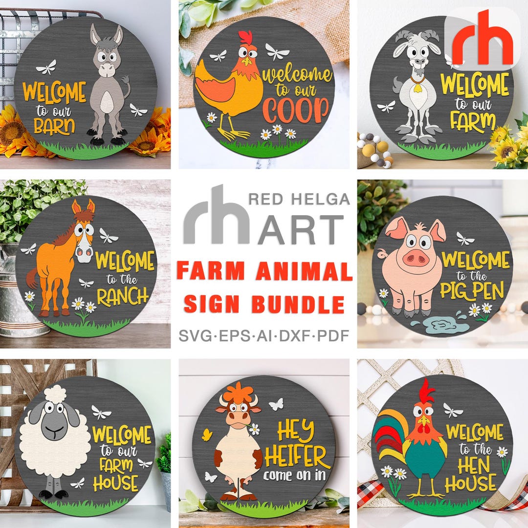Farm Animal Sign Bundle SVG, Farmhouse Door Sign Cut File, Layered ...