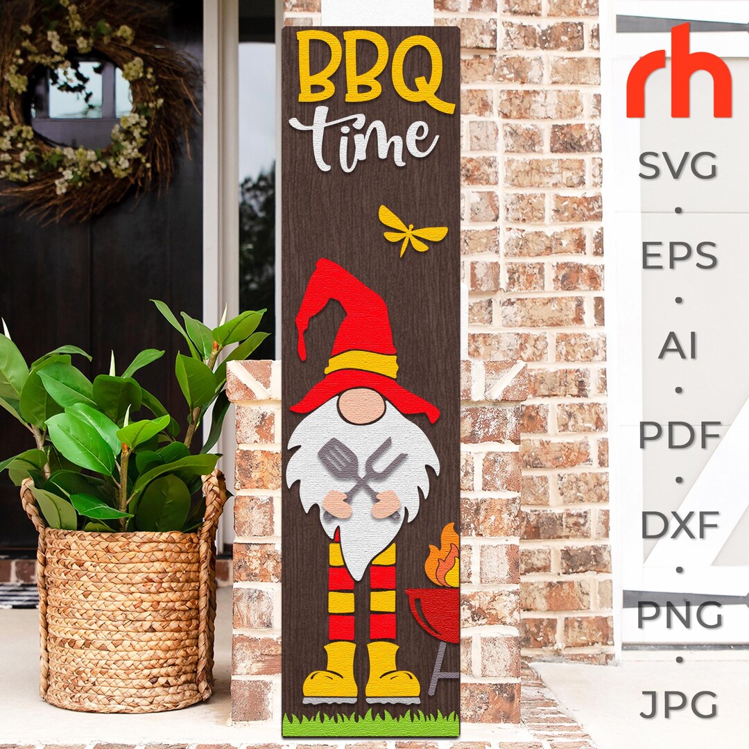 BBQ Time SVG, Layered Porch Sign Cut File, Silhouette of a Gnome With a ...