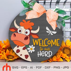 Welcome to Our Herd SVG, Layered Door Sign Cut File, Peeking Cow DXF ...