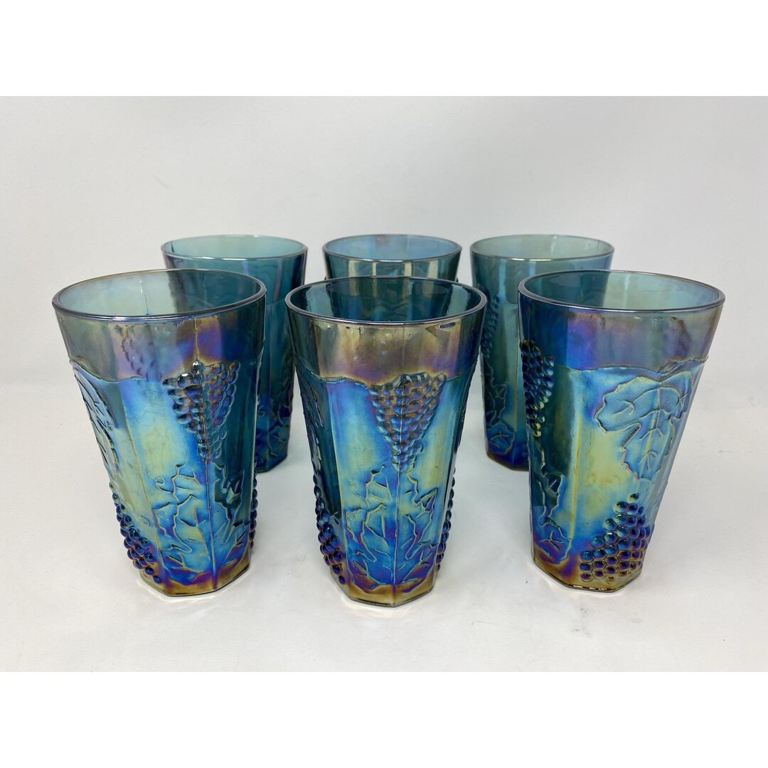 Vtg Indiana Blue Colony Harvest Grape 5.75” Tumblers Iridescent ...