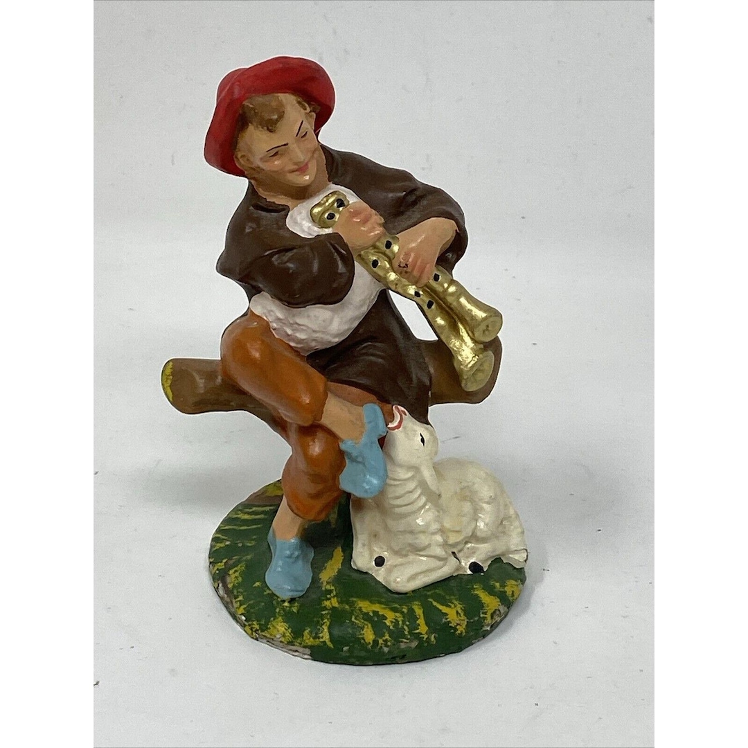 Vintage Nativity Figurine Shepard With Flute Pipes and Sheep 1950s ...