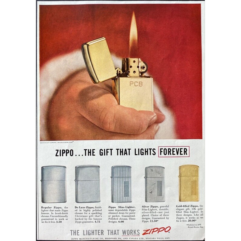 1958 Zippo Lighters Color Print Magazine Ad Gold Filled Silver Slim ...