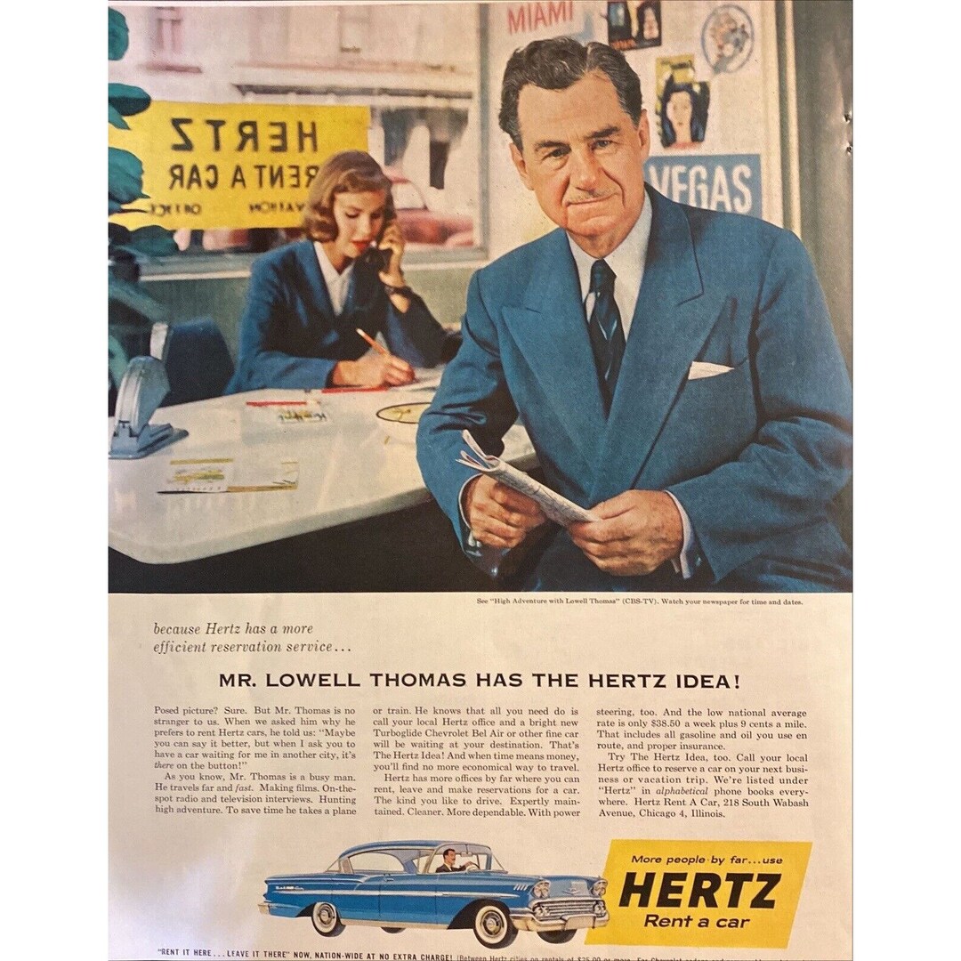 1958 Hertz Rent A Car Chevrolet Bel Air Vintage Color Print Ad Lowell ...