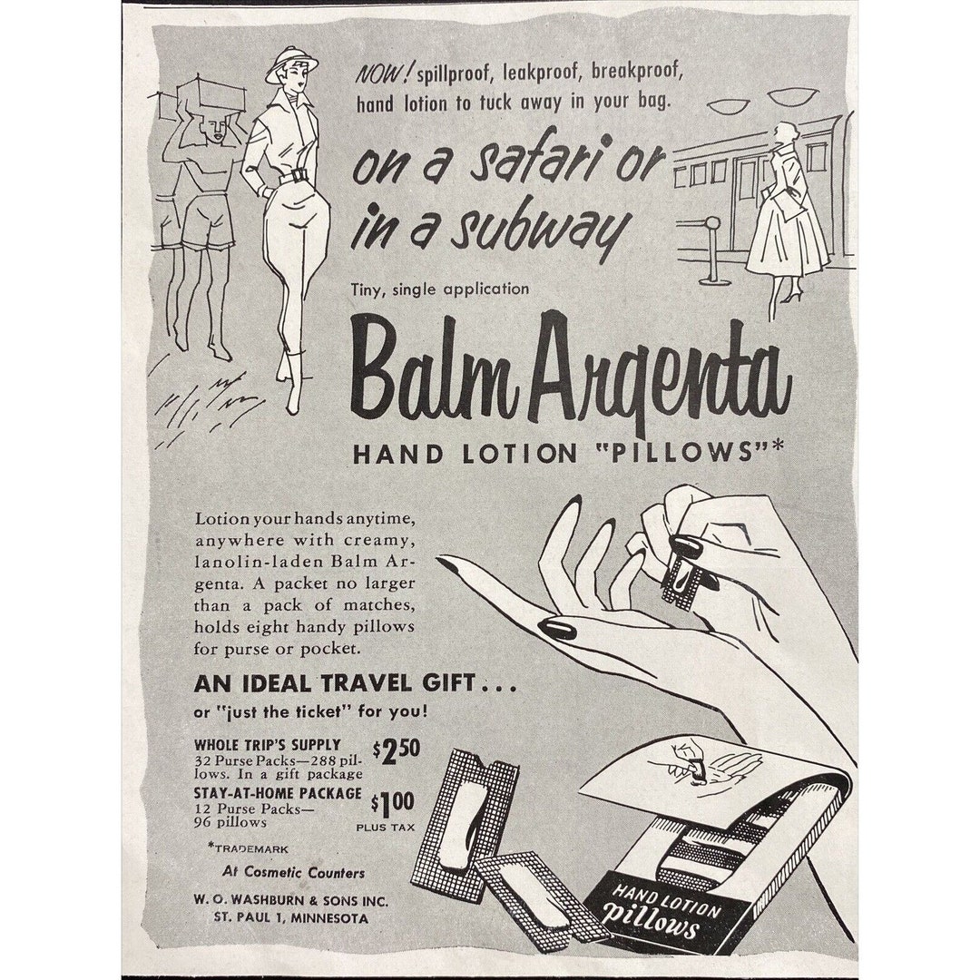 1958 Balm Argenta Hand Lotion Pillows Vintage Print Ad on A Safari or ...