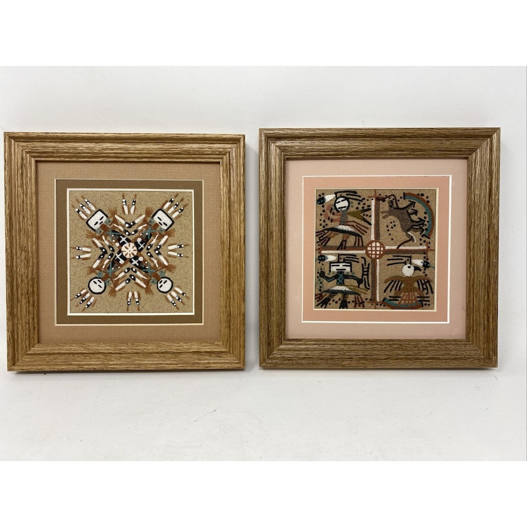 2 Navajo Native American Framed Sand Paintings Art Signed Creation ...