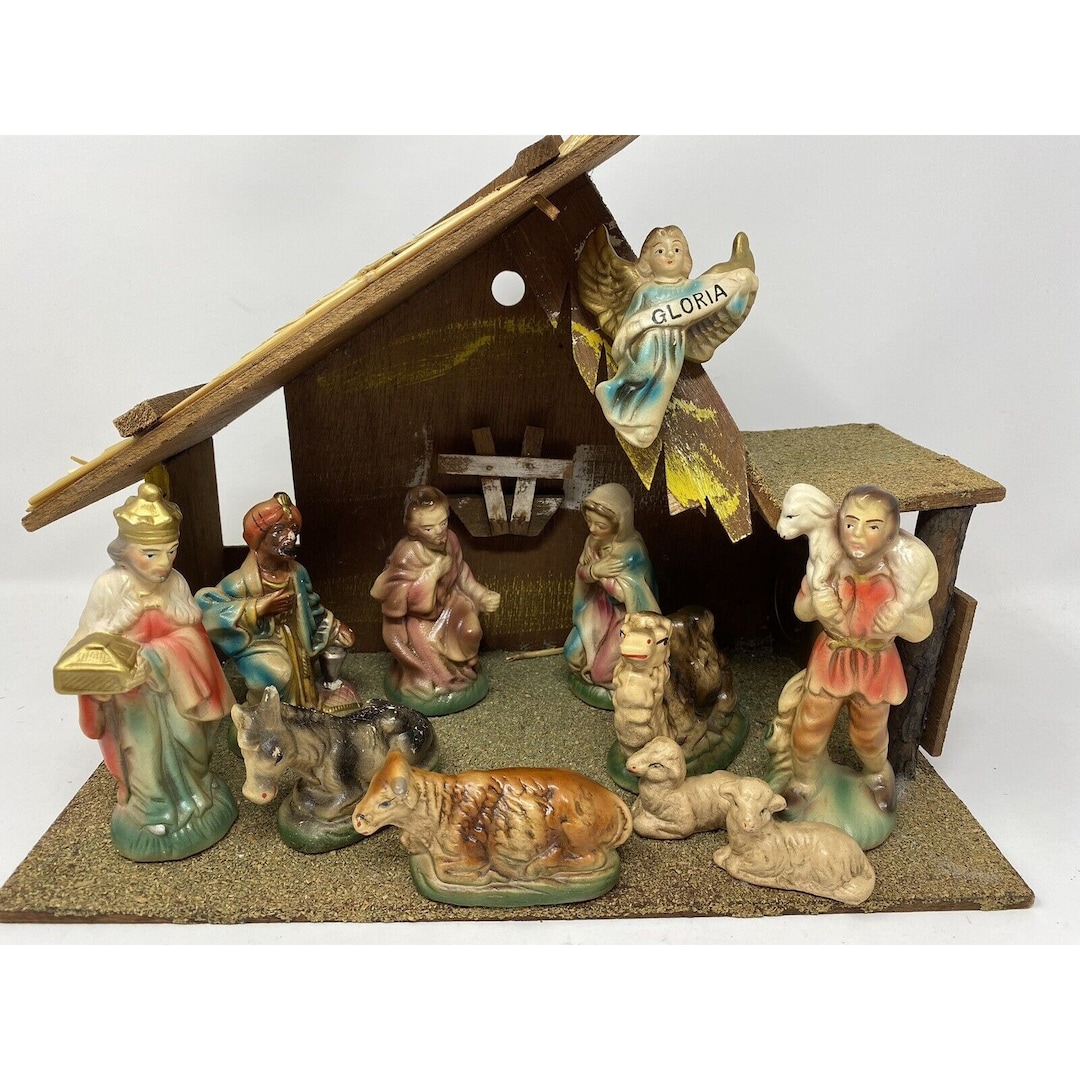 Vintage Nativity Set Sankyo Japan Plays Silent Night 12 Figures in Wood ...