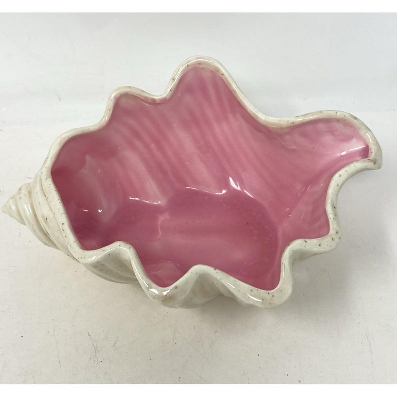 Vintage Ceramic Conch Shell Bowl Pink Interior Hand Glazed 8